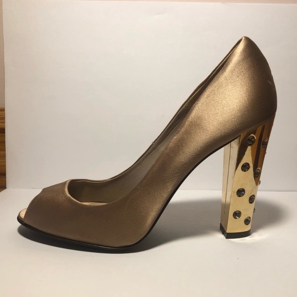 Delman | Shoes | Gold Satin Peep Toe Rhinestone Heel Shoes Sz 7 Like ...